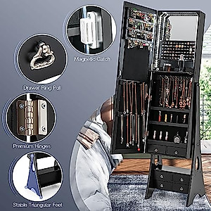 CHARMAID Jewelry Cabinet with LED Light Strip, 62.5'' Floor Jewelry Armoire with High Full Length Mirror, Vanity Mirror, Foldable Makeup Shelf, Jewelry Organizer Storage with 6 Drawers (Black)