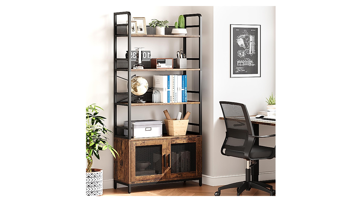 GAOMON Industrial Bookshelf with Doors | Rustic Tall Bookcase