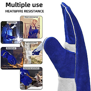 662℉ Welding Gloves HANDSOME PROTECTION 16 Inches, Heat/Fire Resistant Mitts Animal handling Glove Extra Long Sleeve for Oven/Grill/Fireplace/Furnace/Stove/Pot Holder/Tig Welder/Mig/BBQ (Blue)