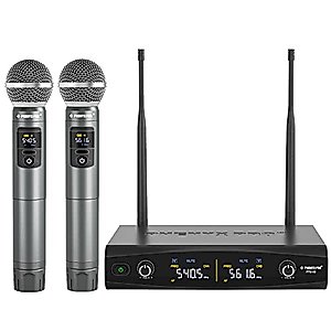 Phenyx Pro Wireless Microphone System, Metal Wireless Mic Set with Case,Handheld Cordless Dynamic Microphones for Singing, Karaoke, Church, DJ, 2x30 UHF Adjustable Frequencies,200ft Range (PTU-52-2H)