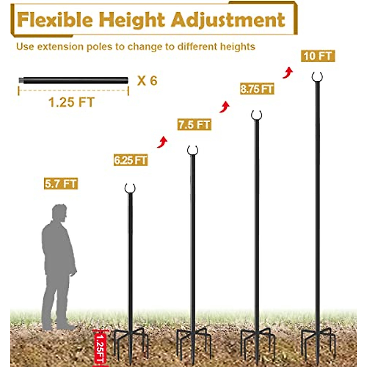 Derkniel 10 FT Outdoor String Light Pole Stand for Garden Lawn, Adjustable Globe Patio Light Post for Hanging Outside Decorate Lighting, 2 Packs