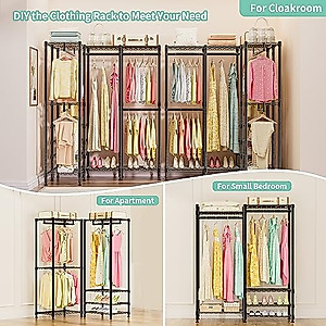 SEMHOR S5 Clothes Rack Heavy Duty Clothing Rack with 7 Shelves & 4 Hang Rods, Freestanding Metal Garment Racks for Hanging Clothes, Black Portable Wardrobe Closet 15.8"W X 76"L X 75.6"H, Load 920LBS