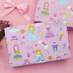 Little Princess Birthday Wrapping Paper for Girls Kids Baby Child, Lovely Pink Princess Castle Theme Gift Wrapping Paper for Birthday Baby Shower with Pink Ribbon 4 Sheets Folded Flat