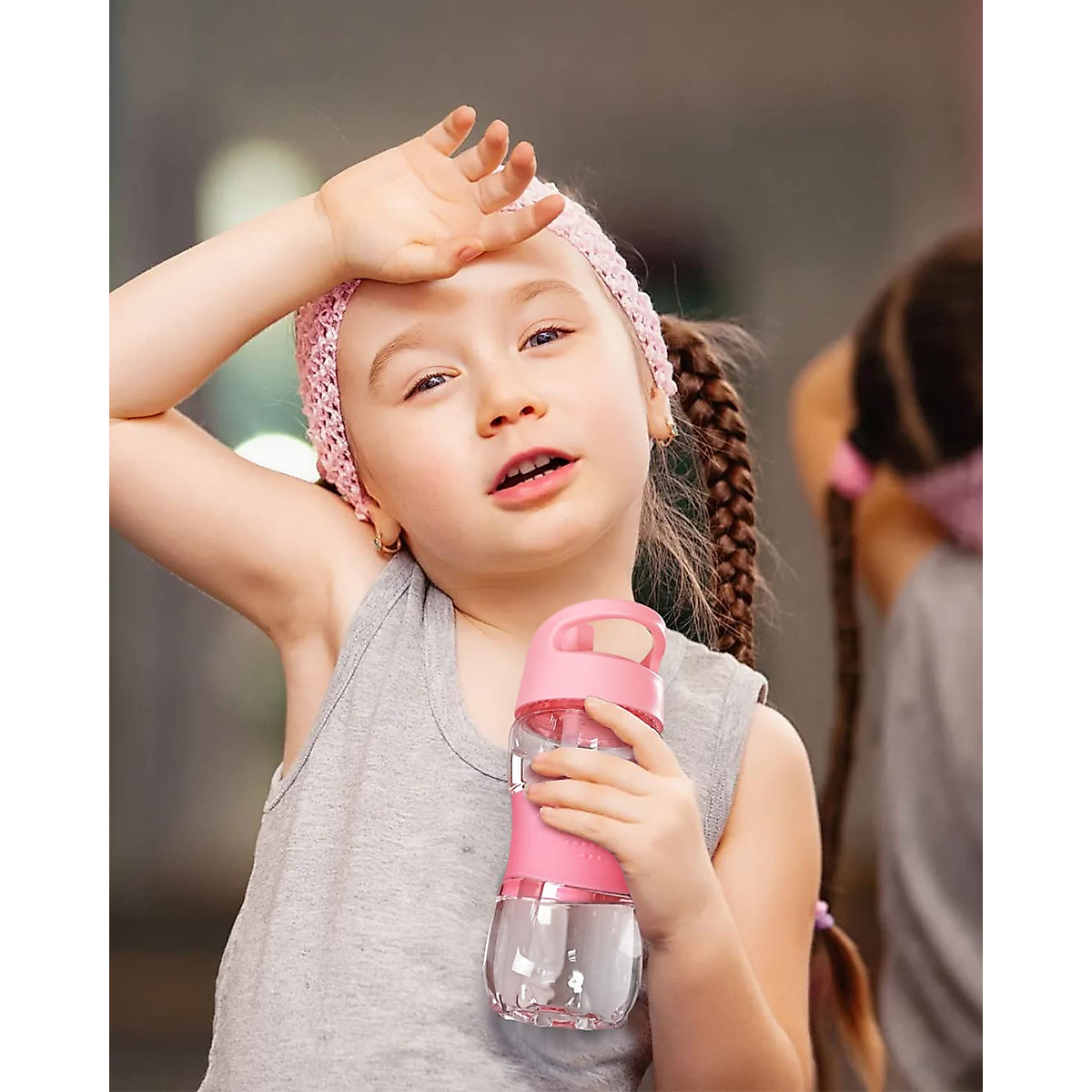 Kids Water Bottle with Straw 12 OZ BPA-Free Tritan Bulk Bottle Pink Little Girls Clear Drinking Bottle for School