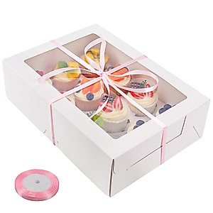 YunKo 6 Pack Dozen Cupcake Boxes White Cupcake Containers with Window Fit 12 Cupcakes or Muffins