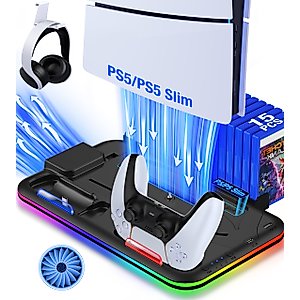 PS5 Slim Stand Cooling Station for Playstation 5 Slim Console Disc/Digital,PS5 Accessories Cooling Stand with 3-Level Cooler Fan,Dual PS5 Controller Charger,RGB Light,Headset Holder,15 Game Slot-Black
