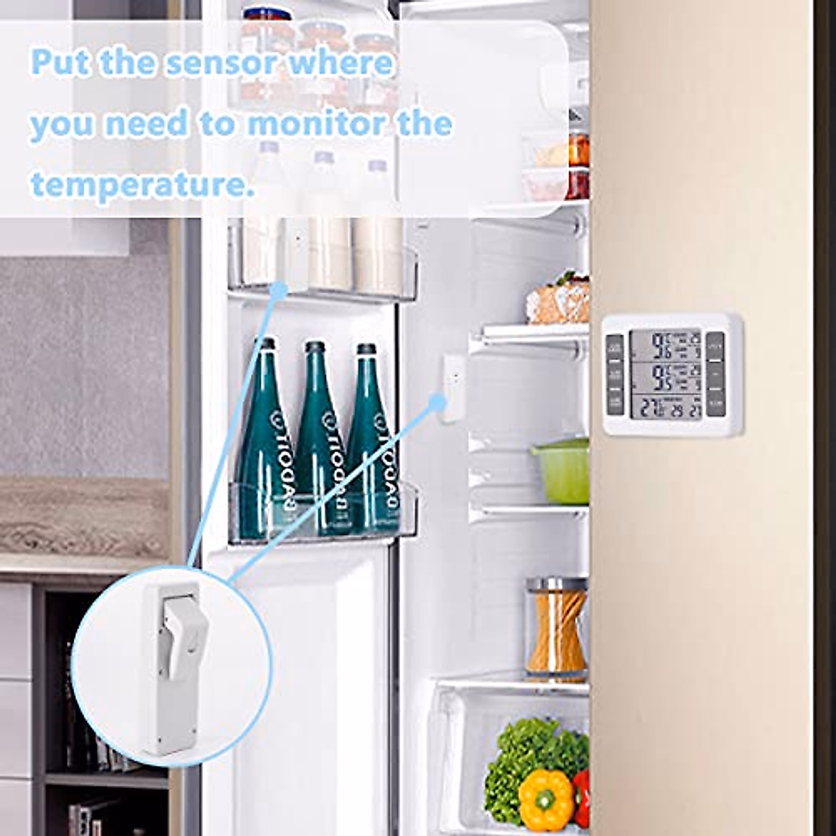Locisne Freezer Alarm with Audible Alarm and 2 Wireless Sensors, Indoor Outdoor Refrigerator Thermometer for Home Kitchen