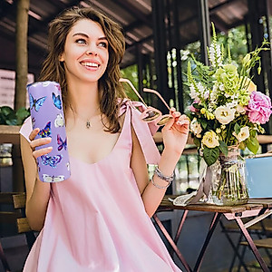 IchDich Butterfly Tumbler With Lid and Straw - 20 oz Insulated Purple Stainless Steel Skinny Tumbler Water Bottle Travel Mug Wine Cups Gifts for Women