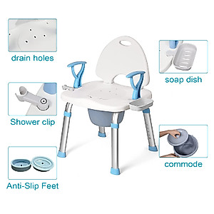 2 in 1 450lbs Shower Chair for Inside Shower Bath Seat with Commode Bath Bench with Back and Arms Bathroom Shower Seat for Senior and Disabled