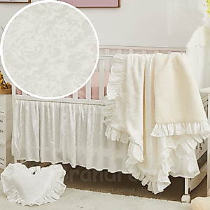 Brandream Baby Girls Nursery Bedding Beige White Blush Solid Color Crib Set Farmhouse Jacquard Rose Baby Blanket, Pink Fitted Sheet,Rose Bed Skirt & Chic Heart Pillow, 4 Pieces
