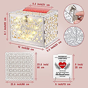 Wedding Card Box, Rustic Wooden Wedding Card Holder with 8 Modes String Light and Lace Table Mat, DIY Envelop Gift Money Card Container with Lock for Reception Decoration, Just Married (White)