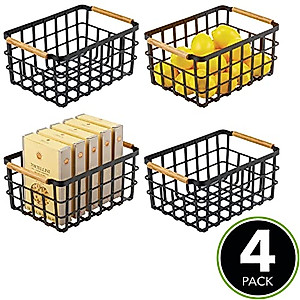 mDesign Metal Wire Food Organizer Storage Bin Basket with Bamboo Handles for Kitchen Cabinets/Pantry Organizing - Farmhouse Decor - Yami Collection - 4 Pack - Matte Black/Natural