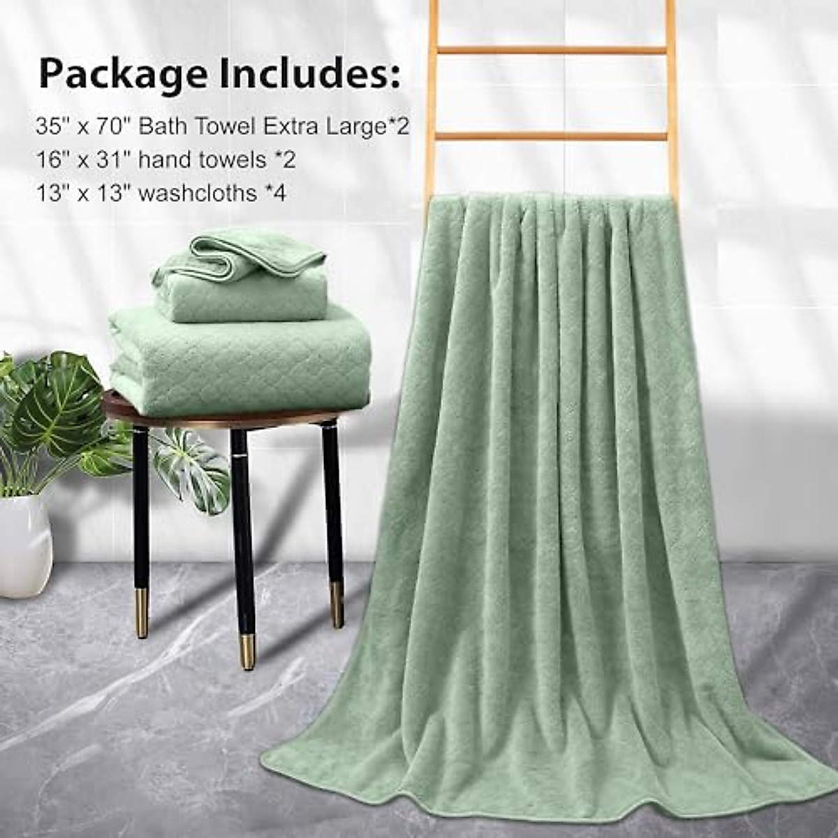 Extra Large Bath Towel Sets of 8, 2 Large Bath Towels Oversized, 2 Hand Towels, 4 Washcloths, Soft Microfiber & Quick Dry & Highly Absorbent Bath Towels for Bathroom Kitchen Spa Hotel Gym Pet(Green)
