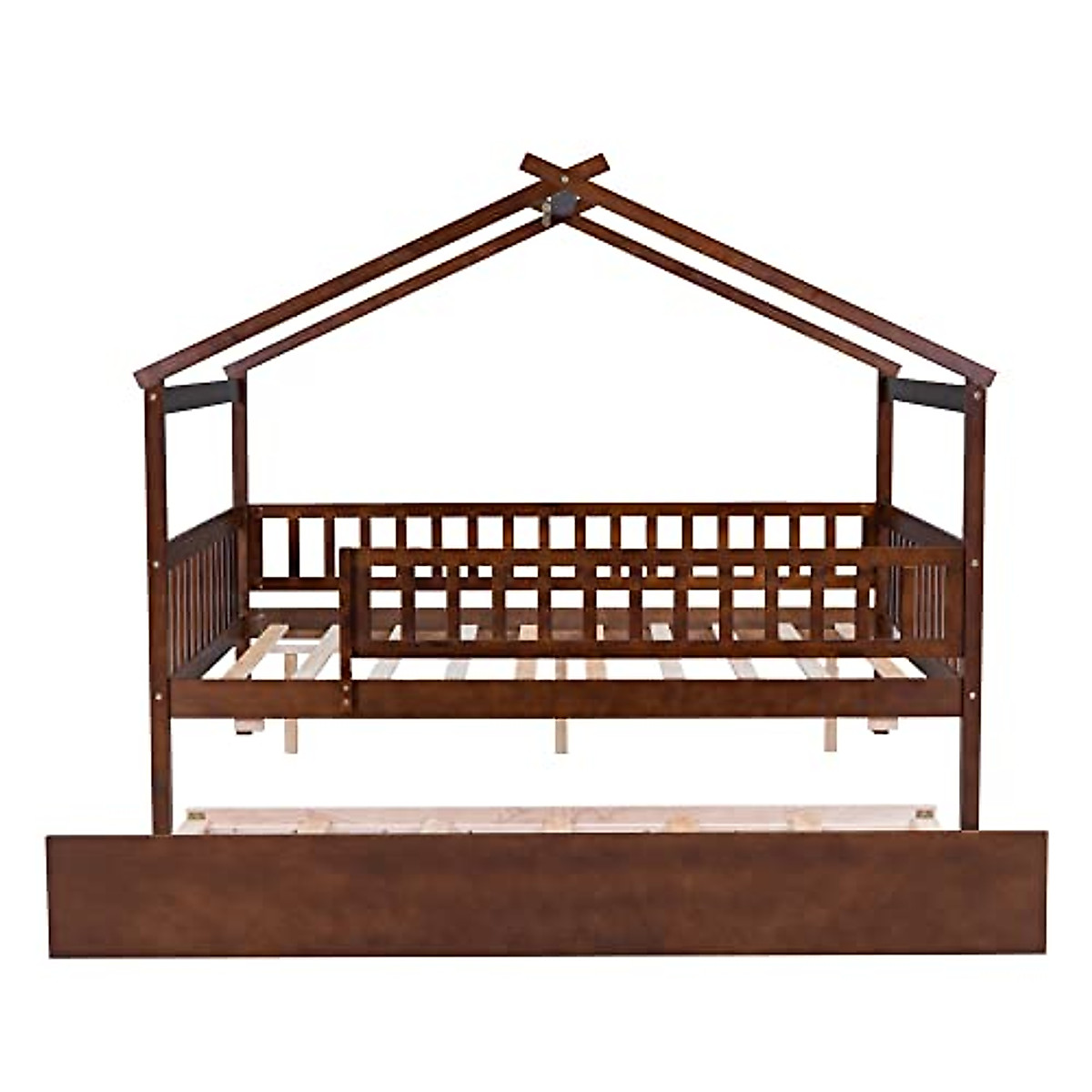 DHHU Daybed with Trundle, Full Size Wooden House Bed with Twin Size Trundle Bed, Wood Bed Frame with Roof and Safety Guardrail for Kids, Teens, Boys or Girls, No Box Spring Required