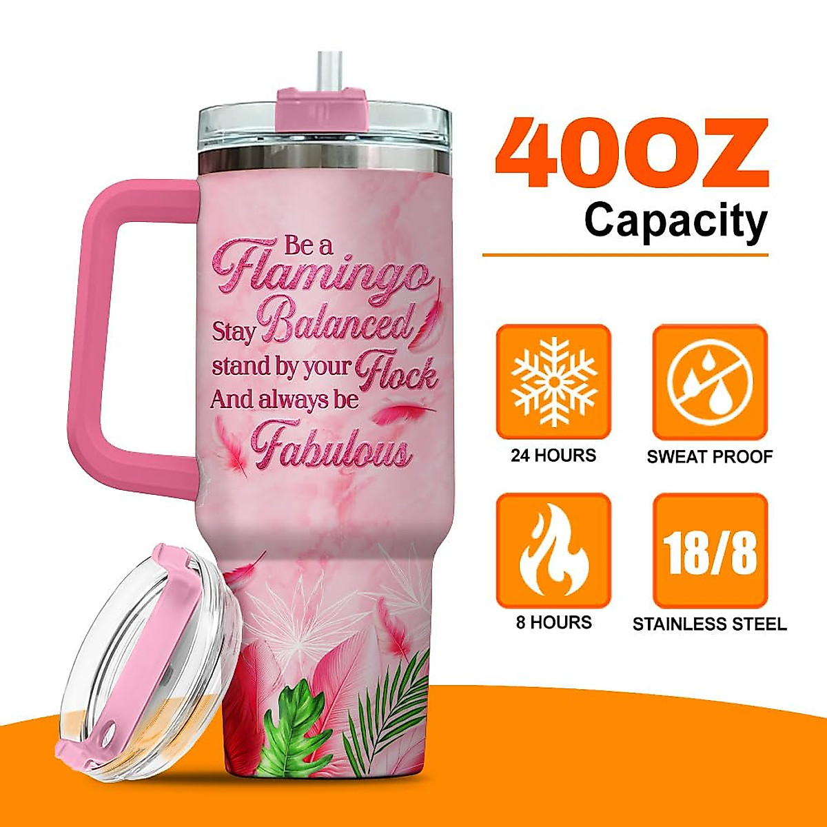 Tumbler 40 Oz With Handle Lid And Straw, Flamingo Tropical, Adults Tumblers Modern Red Quartz Simple Stainless Camelia Primrose Rose Women Funny Glitter Steel, Flamingo Gifts