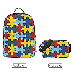 Autism Awareness Puzzle Detachable Big Student Backpack - School, Travel, or Work Bookbag with 15-Inch Laptop Compartment