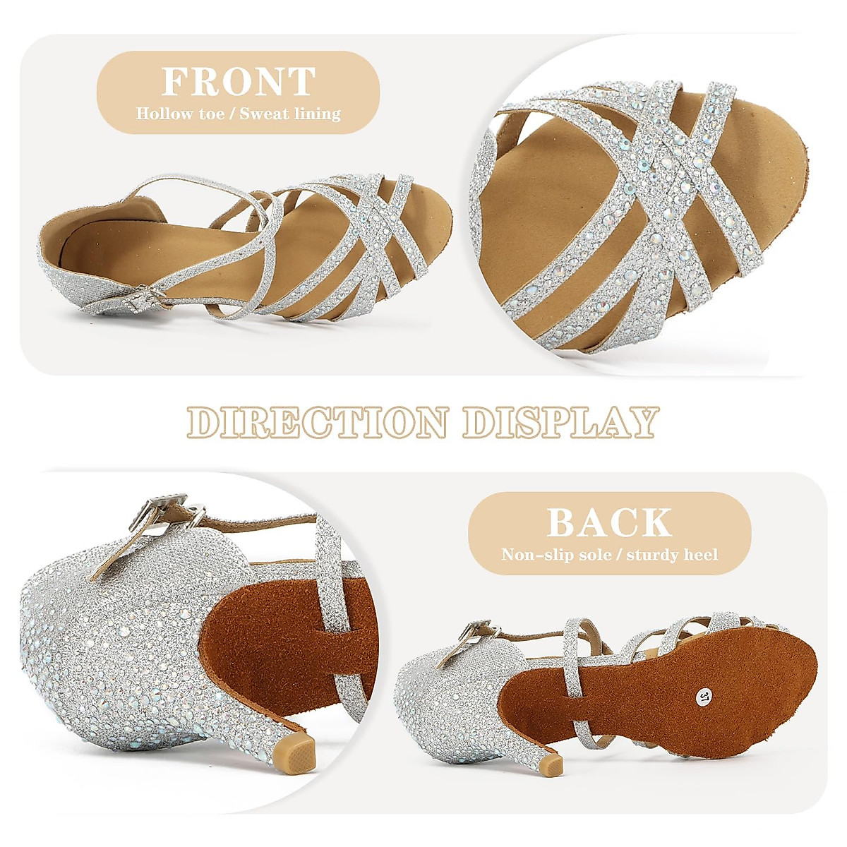 FUKZTE Women Rhinestone Ballroom Dance Shoes Latin Salsa Dance Shoes Practice Party Dance Shoes,Silver 3.35 inch Heel,9.5 US