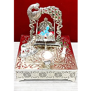Crafting with Love a Beautiful Little Krishna Peacock jhula with German Silver chowki + Cow Calf + tulsi Plant + Lotus Handle Diya