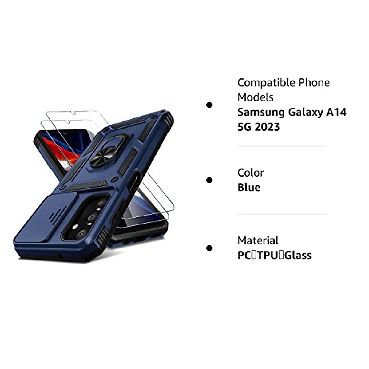 Janmitta Samsung Galaxy A14 5G Case Built in Slide Camera Lens Cover and Screen Protector,Heavy Duty Shockproof Full Body Protective Phone Cover,Built in Finger Ring Stable Holder Kickstand,2023 Blue