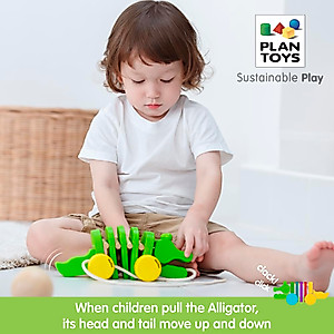 PlanToys Dancing Alligator Push & Pull Toy - Sustainably Made from Rubberwood with 3 Organic-Pigment Color Options and Makes Click-Clack Sounds and Dancing Movements when Pulled (Natural)