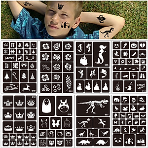 Konsait 262pcs Temporary Tattoos Stencils for Kids, Reusable Face and Body Paint Stencils Kit, Girl Boy Glitter Tattoos Stencils for Kids School Show Birthdays Halloween Christmas Party Favor Supplies