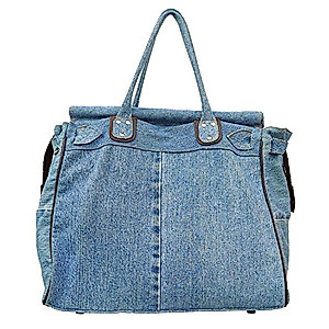 Bijoux De Ja X-Large Blue Denim Double Top Handle Tote Shopper Handbag Purse for women