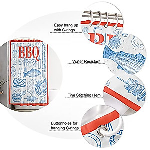 BBQ Party 4 Pcs Shower Curtain Set, 66" x 72" Waterproof Shower Curtains with 12 Hooks, Blue Lines BBQ Fish Hamburger Orange Lace Bathroom Sets with Shower Curtain and Rugs