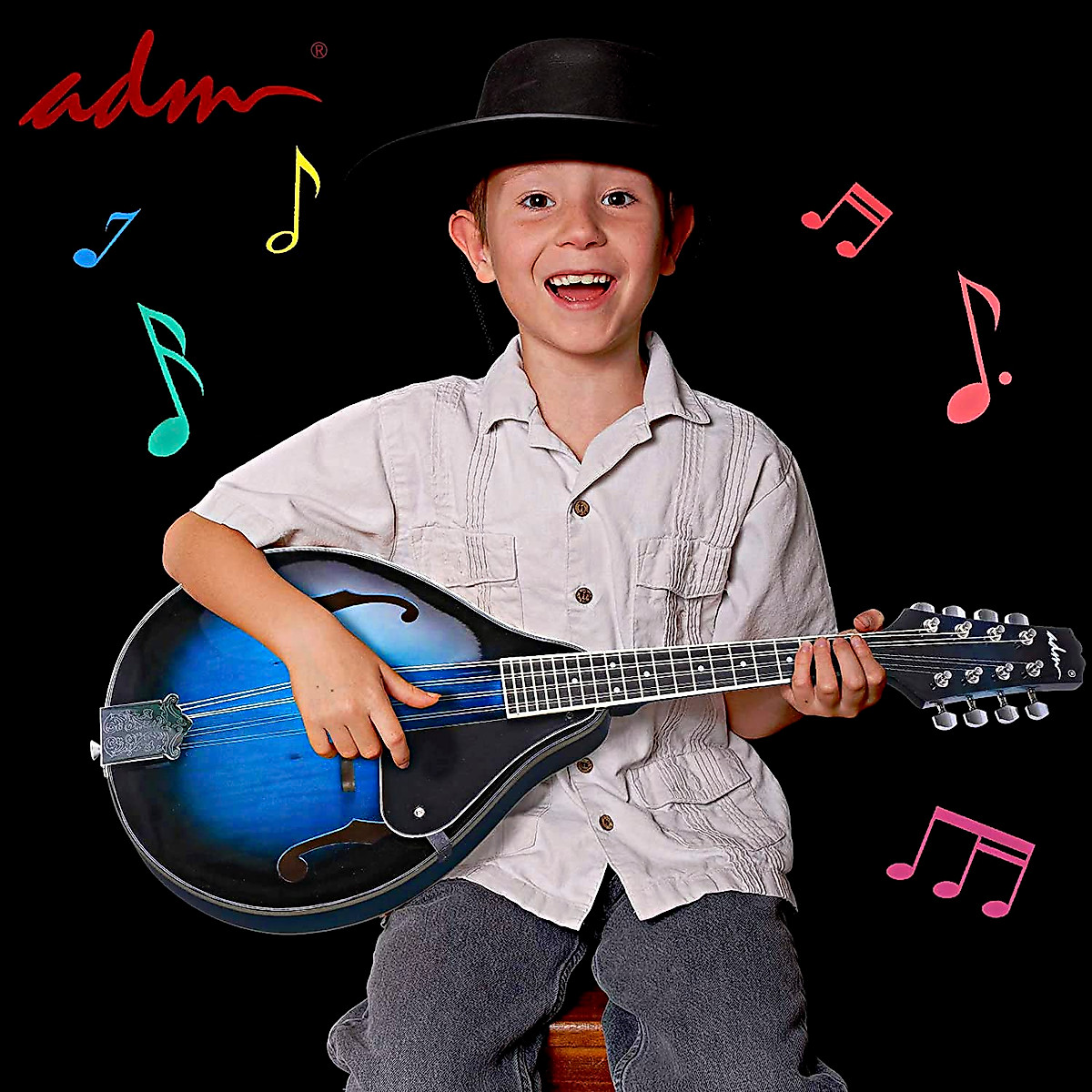 ADM Acoustic Mandolin Instrument Kit Music A Style for Kids Students Adults Wood Mandolins Beginner Set With Bag, Tuner, EQ, Strap, Strings, Picks and Hanger, Blue