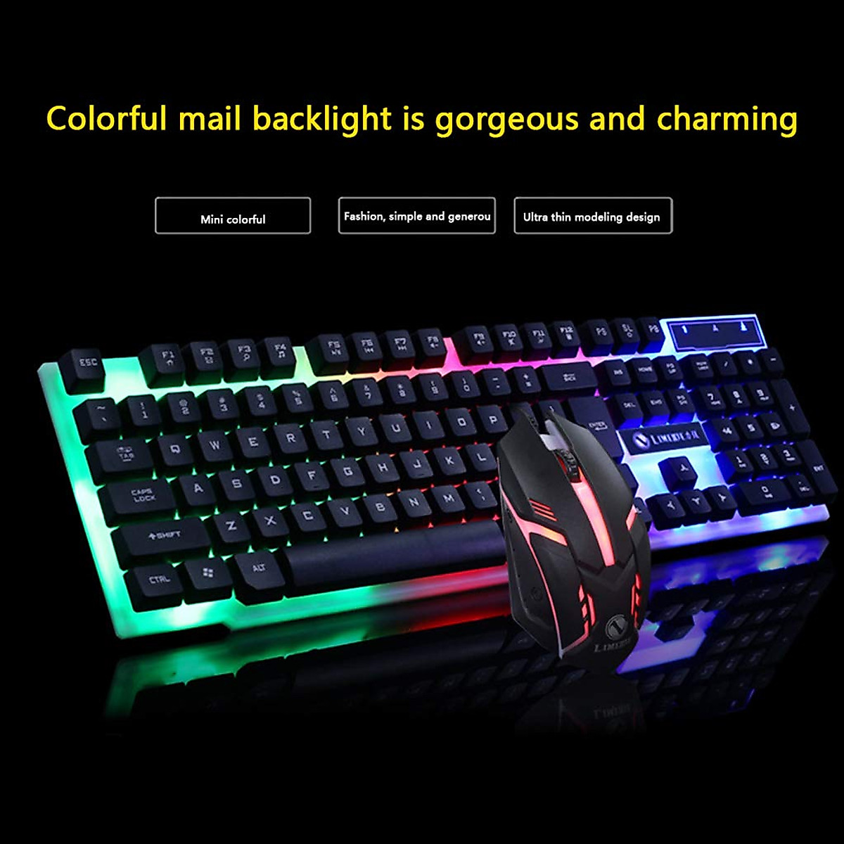 QYIYA GTX300 USB Wired 104 Keys RGB Backlight Ergonomic Gaming Mouse Keyboard Set,Black