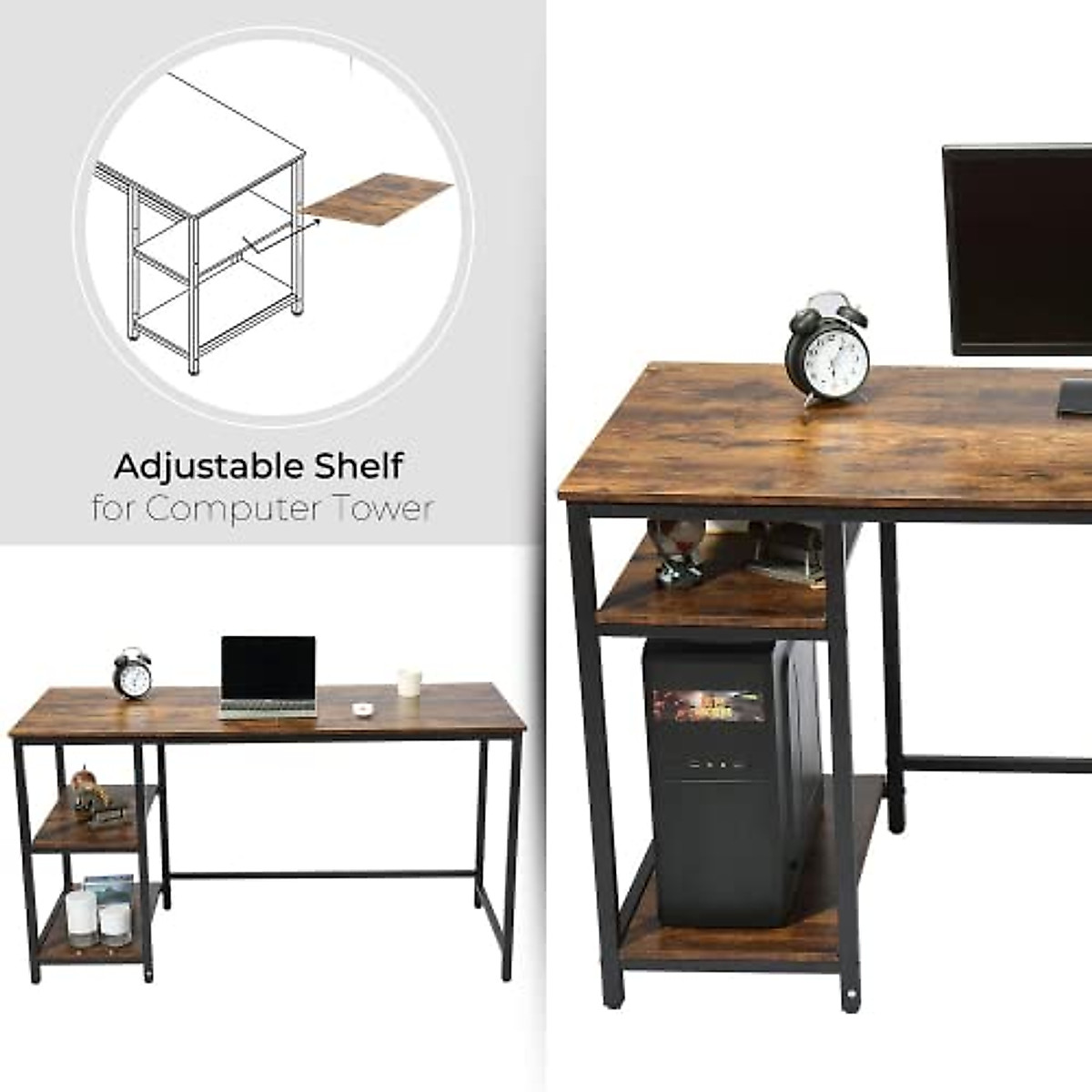 GOOD & GRACIOUS Industrial Home Office Desk, 55 Inch Rustic Desk With Shelf, Wooden Corner Desk for Home Office, Small Desk For Small Space, Simple Home Office Study Writing Workstation, Easy Assembly
