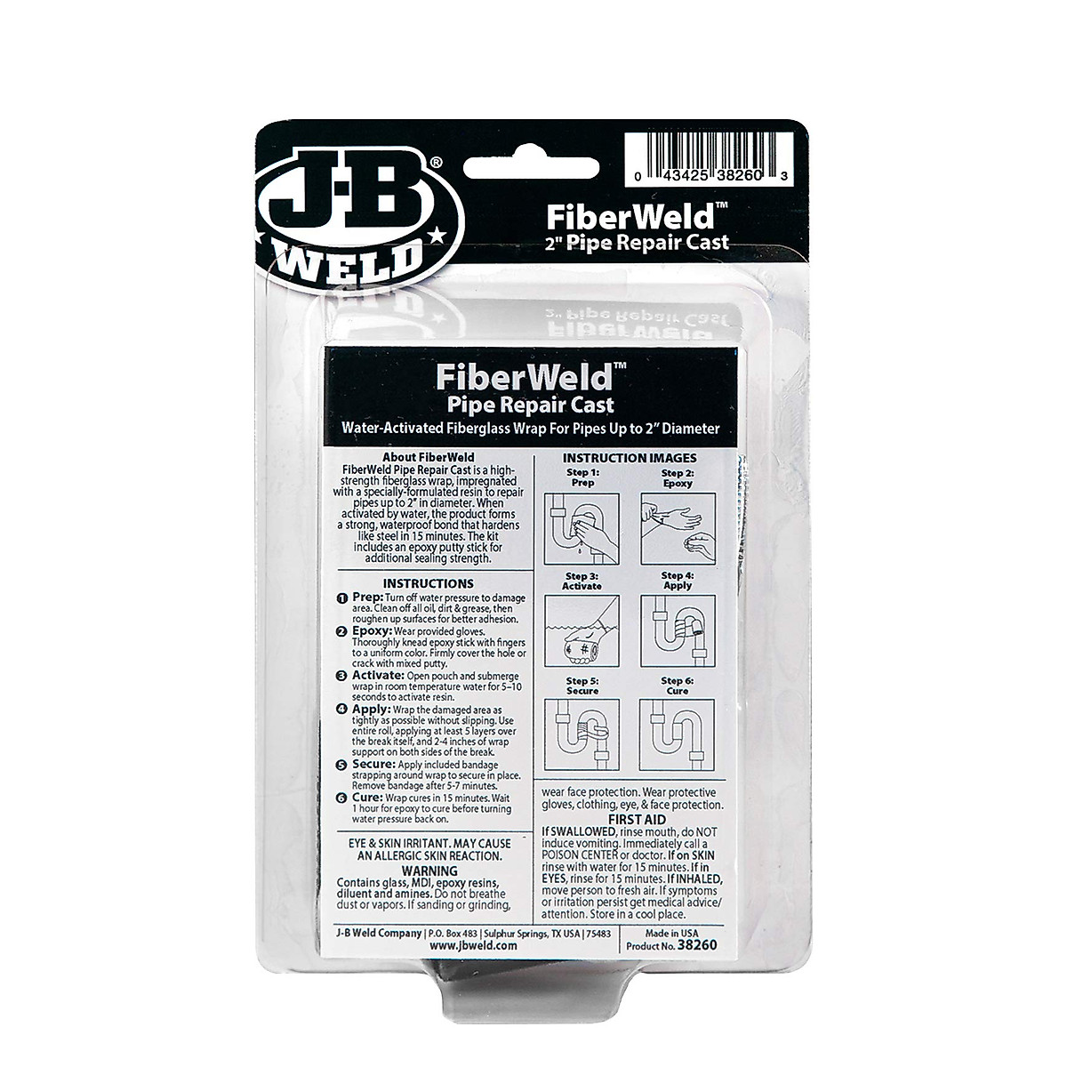 J-B Weld FiberWeld 2” Pipe Repair Cast 2x60 Inch - High Strength Adhesive Fiberglass Wrap - White (38260)