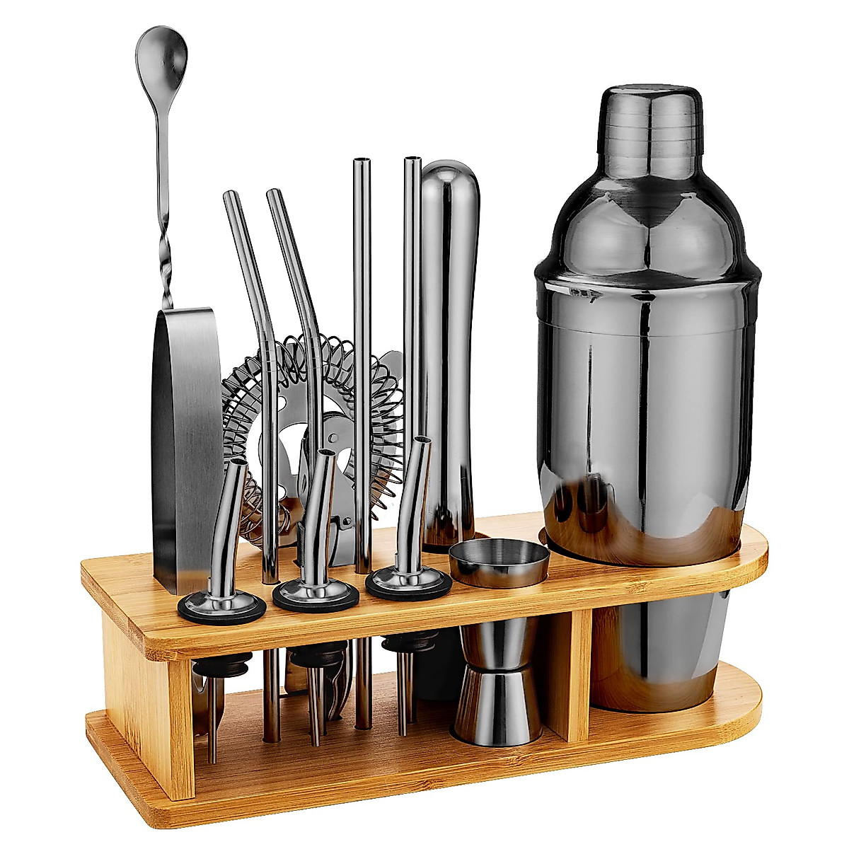 17 Pieces Cocktail Shaker Set with Bamboo Stand,Gifts for Men Dad Grandpa,Stainless Steel Bartender Kit Bar Tools Set,Home, Bars, Parties and Traveling (Bamboo Wood Black)