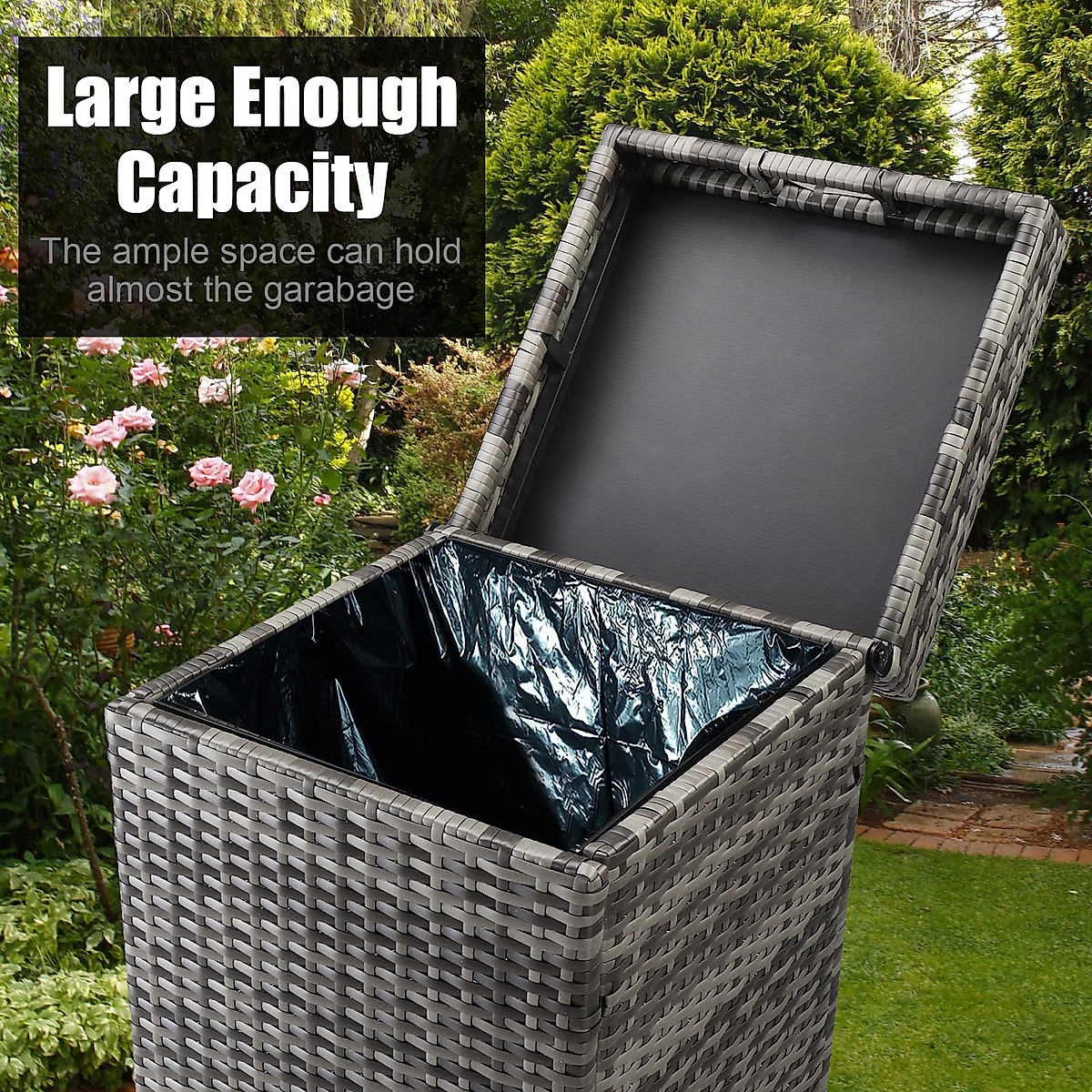 VINGLI Wicker Patio Trash Can, 27 Gallon Rattan Trash Can with Removable Lid, Outdoor Wicker Waste Basket, Wast Container (Grey)