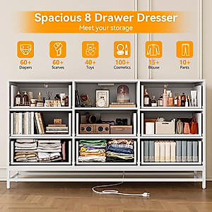 Patikuin 8 Deep Drawer White Dresser for Bedroom with Charging Station and LED Lights, 59" TV Dresser Wooden Large Long Dresser, Modern Chest of Drawers Storage Organizer for Closet, Living Room