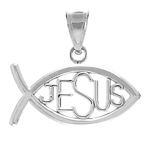 925 Sterling Silver Horizontal Jesus Ichthus Charm Christian Fish Pendant