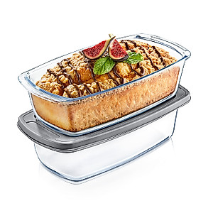 NutriChef 2-Piece Glass Loaf Pan Set, 1.9-QT Stackable Tempered Glass Bread Pans w/Airtight BPA-Free Lid - Dishwasher, Oven, Freezer, & Microwave Safe, 62oz Loaf Dish Set