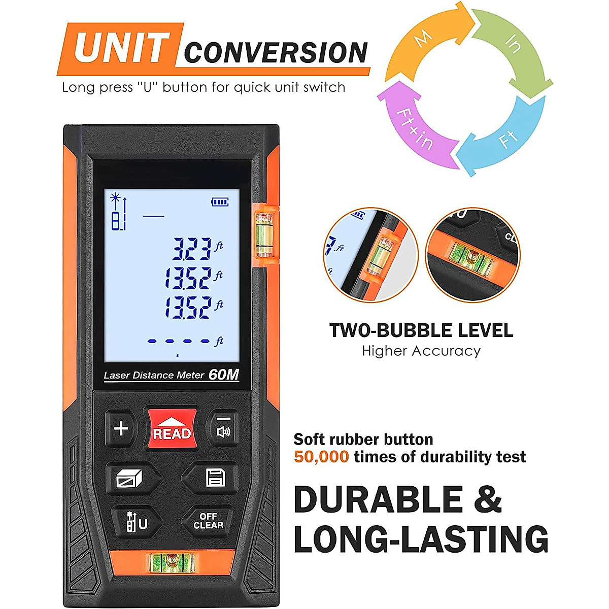 Classic Laser Measure，Digital Laser Measure w/2 Bubble Levels, M/in/Ft/Ft+in Unit Change, Large Backlit LCD, IP54 Shockproof & Waterproof, Live Measuring, Area, Volume, Pythagoras