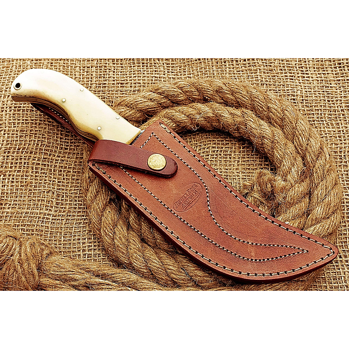 HUNTEX Handmade Hand-Forged Twist Pattern Damascus Steel 11 Inch Long Full Tang Camel Bone Handle Razor Sharp Hunting Camping Trail Knife w/Genuine Leather Sheath