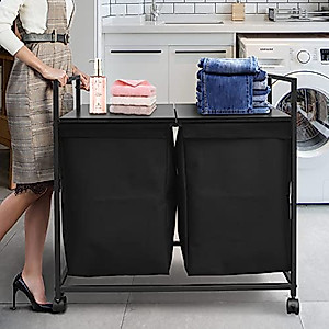 PAKLORDE Laundry Hamper with Lid,Wheels Laundry Basket Sorter 2 x 14 Gal (112L),Top Shelf,600D Oxford Sorter Bag Metal Frame Industrial for Bathroom Dorm Living Room Bedroom (Black Oak)