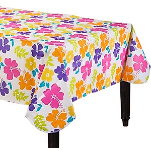 White Flannel-Backed Vinyl Oblong Table Cover (52" x 90") 1 Pc.- Vibrant Hibiscus Design, Versatile for Casual & Tropical Events