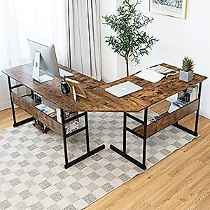 Tangkula 67 inches L-Shaped Desk, Corner Computer Desk with Bottom Bookshelves & CPU Stand, Drafting Drawing Table with Tiltable Desktop, Corner Computer Workstation Home Office Desk (Rustic Brown)