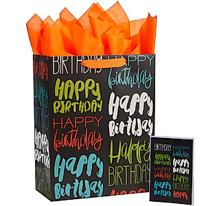 SUNCOLOR 13" Black Large Birthday Gift Bag with Orange Tissue Paper(Colorful Happy Birthday)