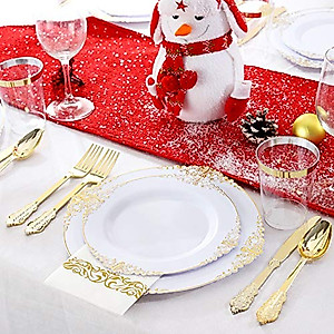 Nervure 350PCS White and Gold Plastic Plates & Pre Rolled Napkins with Plastic Cutlery for 50 Guests-Gold Disposable Plates, 150 Gold Plastic Silverware, 50Cups, 50Napkins for Party & Wedding