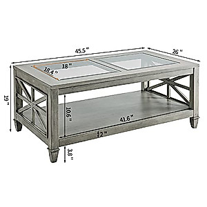 Solid Wood Coffee Table with Tempered Glass Top, Rectangular Living Room Table with 2-tire Storage Shelf, Industrial Centre Table, 45.5" X 26" Tabletop, Easy Assembly Antique Grey KFZ1318AN