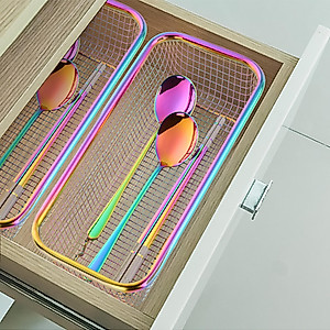 BYEGOU Silverware Drawer Organizer, Rainbow Mesh Kitchen Drawer Organizers, Iridescent Stackable Storage Basket Metal Utensil Holder for Flatware, 12.5"x5"x2.5", Pack of 2