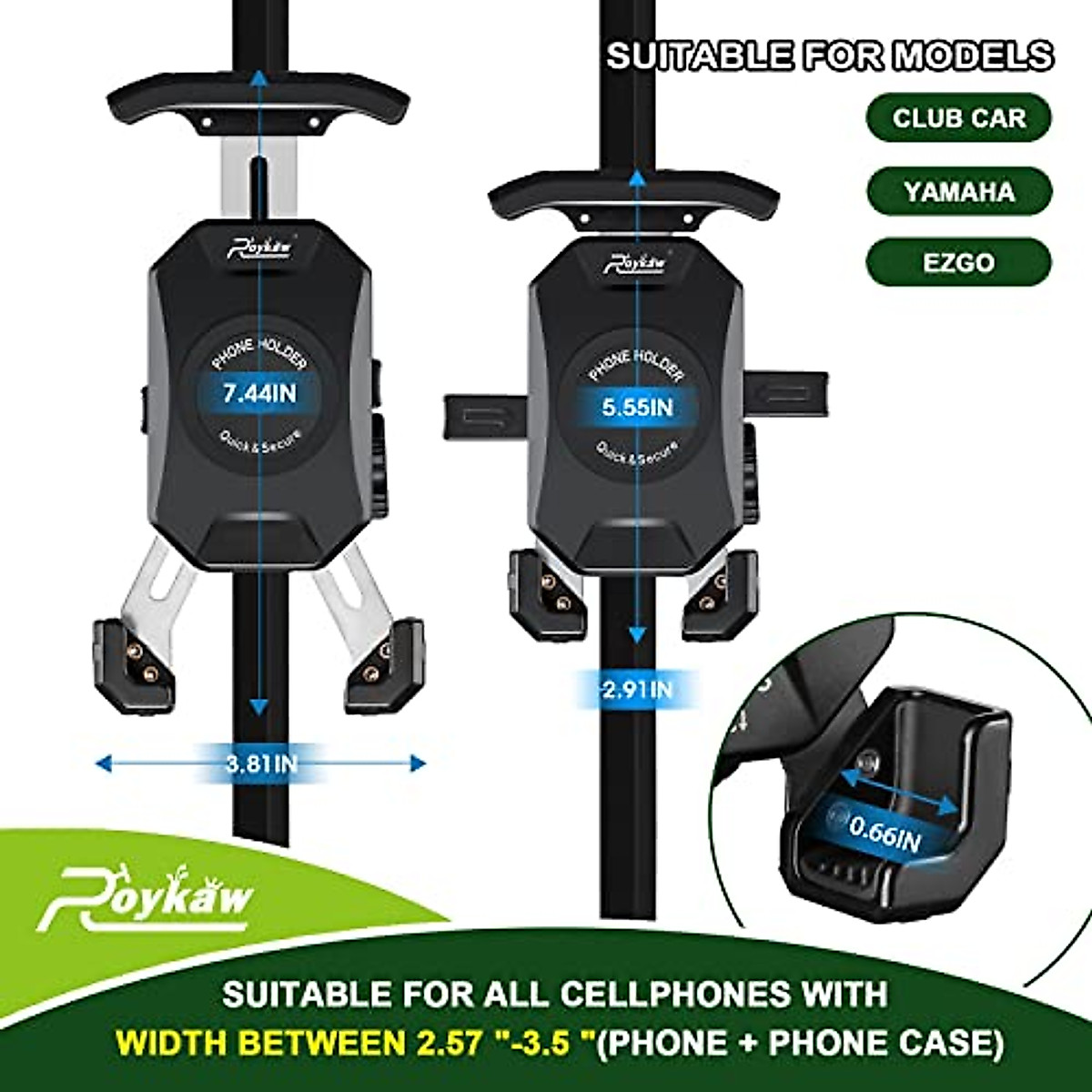 Roykaw Golf Cart Phone Mount Holder for iPhone/Galaxy/Google Pixel/Motorola & GPS SkyCaddie SX400, SX500 - Fit for EZGO, Club Car, Yamaha, ICON, Advanced EV, Upgrade Quick Release & One-Touch Lock