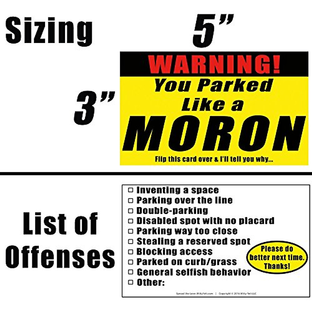 YOU PARKED LIKE A MORON 25 Note Pack by Witty Yeti. It’s Time to Punish Parking Lot Idiots. Tick The Boxes on The Back to List Their Sins & Get Justice! Hilarious Prank, Gag Gift, Stocking Stuffer.