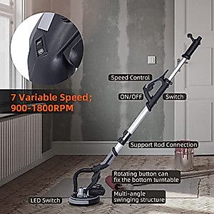 Drywall Sander, Towallmark 750W Electric Drywall Sander 7 Variable Speed 900-1800 RPM Sander with LED Light, 14 Pcs Sanding discs, Extendable Handle, Dust Hose, Storage Bag