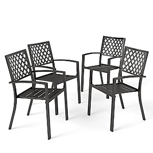 PHI VILLA 4 Pcs Patio Metal Outdoor Dining Chairs, Set of 4 Stackable Black Patio Chairs with Armrest, Indoor/Outdoor Portable Wrought Iron Chairs for Garden, Yard, Support 300 lbs