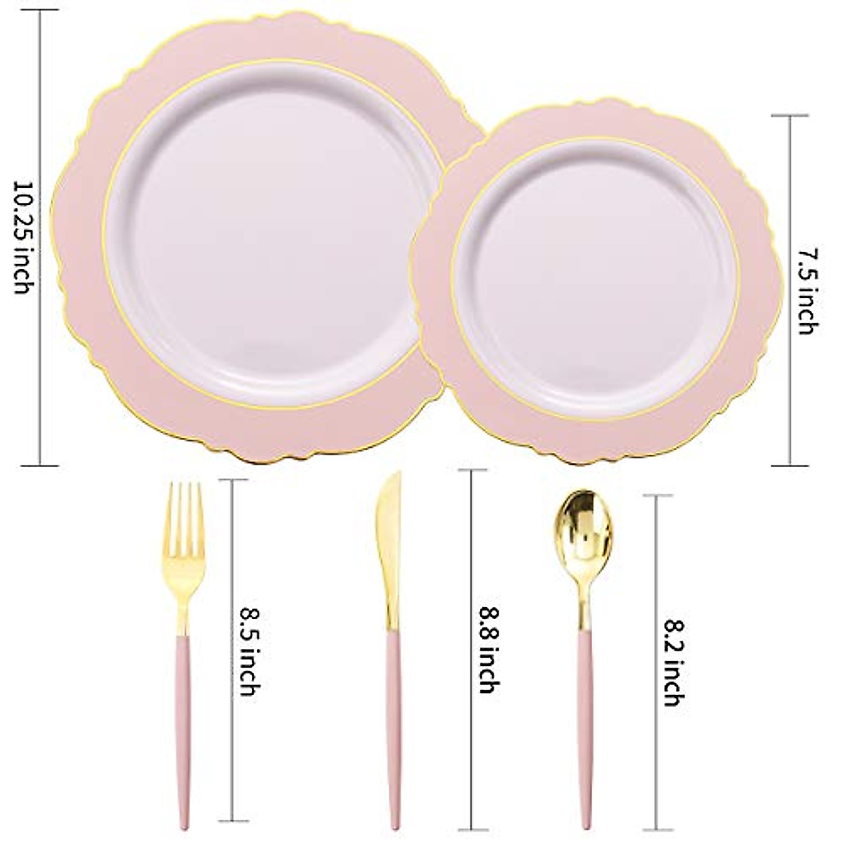 WDF 30Guest Pink Plastic Plates & Gold Plastic Silverware With Pink Handle-Baroque Pink &Gold Plastic Dinnerware for Upscale Wedding &Parties, Mother's Day